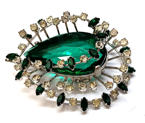 Vintage VENDOME Rhinestone Brooch Green Clear Silver Tone Pin As Is ...