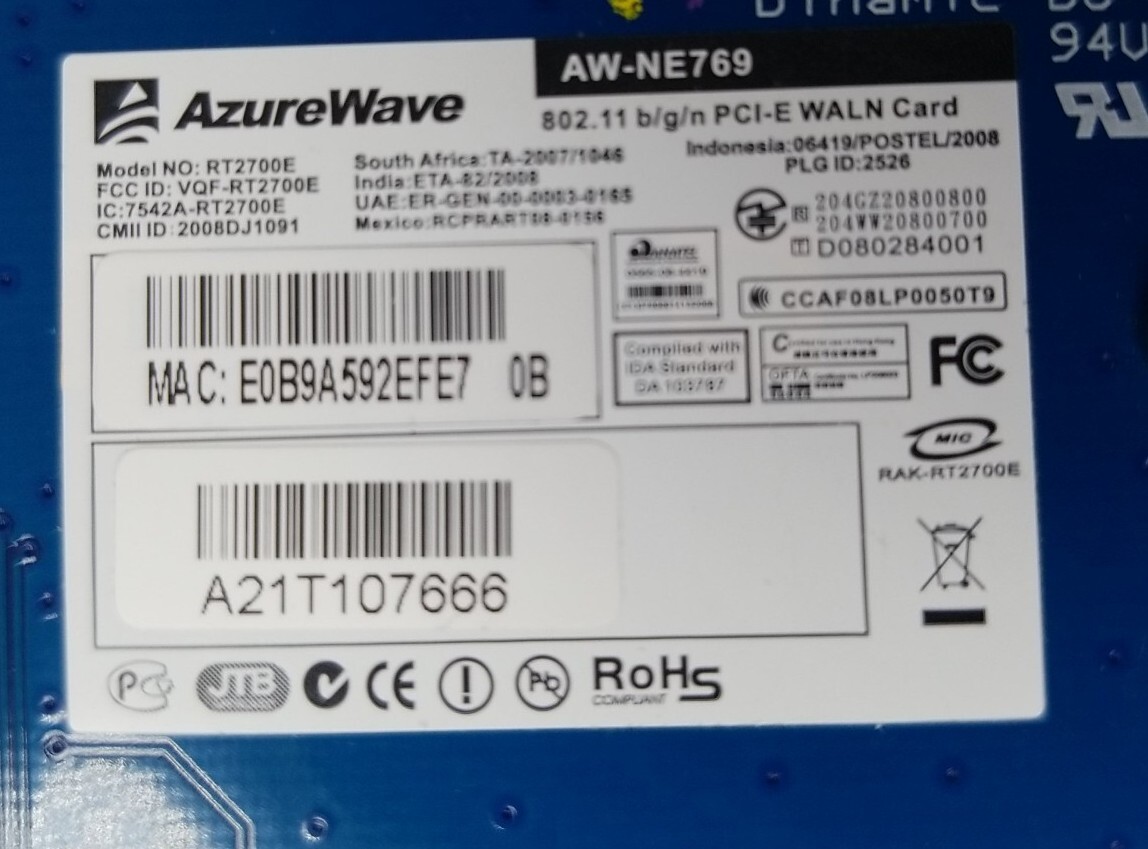 AzureWave AW-NE769 WALN PCIe Wifi Card 802.11 b/g/n RT2700E & 02KHRD ...