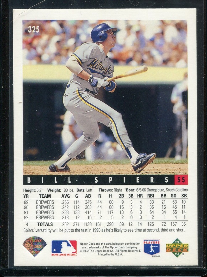 1992 Upper Deck Baseball Bill Spiers 325 Milwaukee Brewers SS | eBay