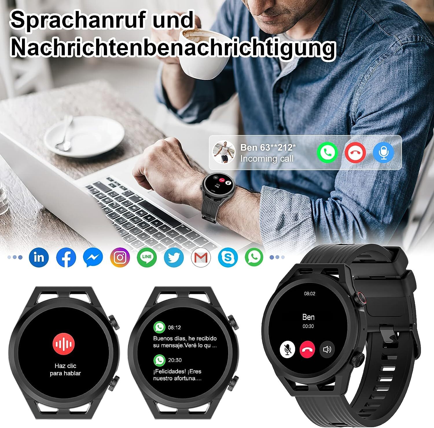Bluetooth Luxus Smartwatch Herren watch Fitness Herzfrequenz Pulsuhr ...