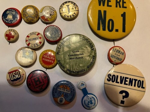 Miscellaneous lot of 17 vintage pinback buttons/tab--1910s-1950s ...