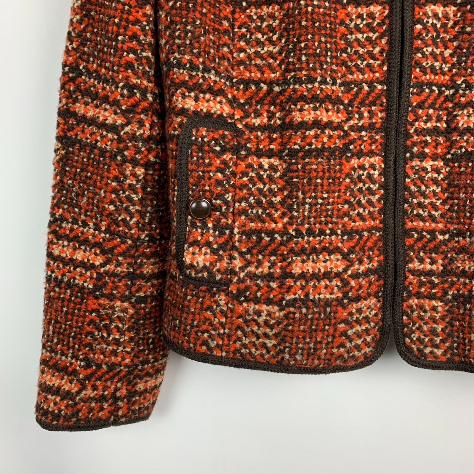 Talbots Jacket Tweed Orange Brown Print Trim Long Sle… - Gem