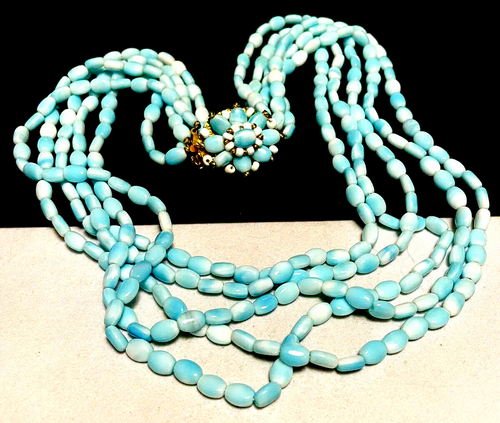 Miriam Haskell Signed Necklace Rare Vintage Blue White Art Glass 5 ...