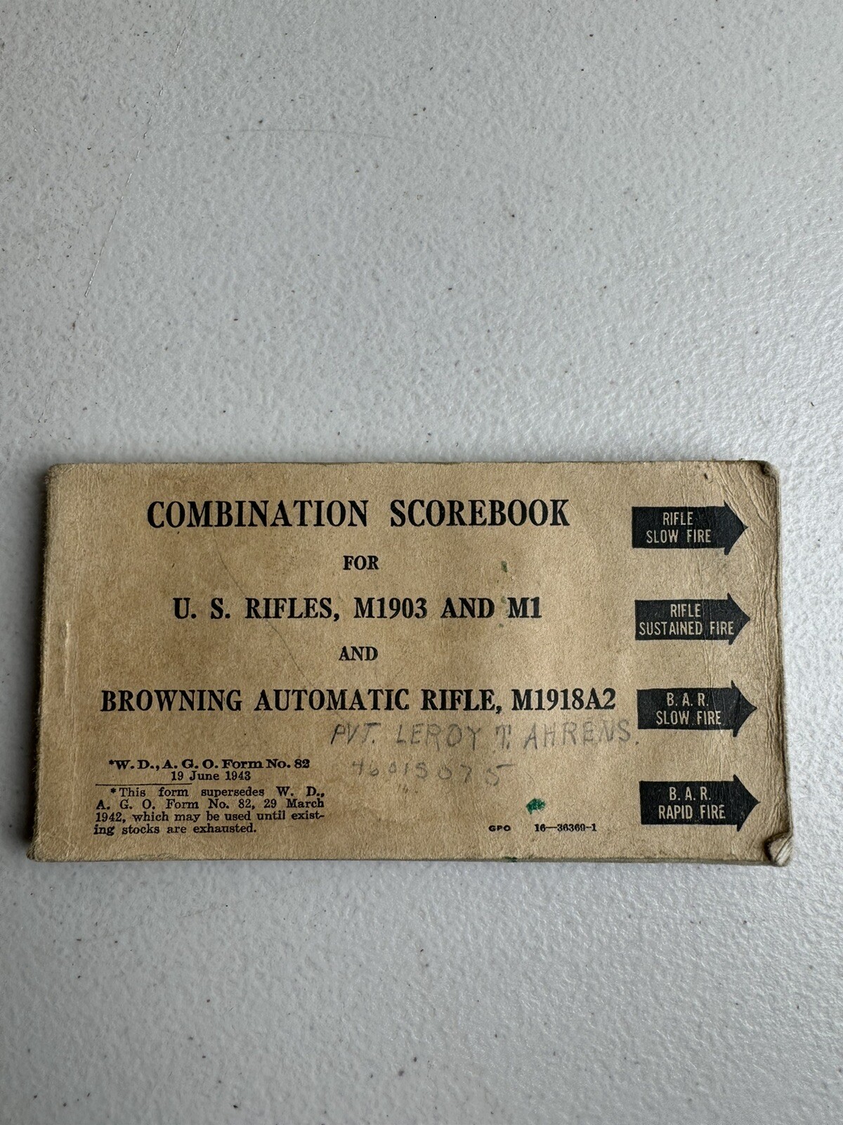 1943 WWII US Army GI Combination Scorebook Rifles M1903 M1 Browning ...