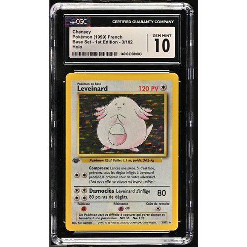 CGC 10 GEM MINT Chansey (Leveinard) 1st Edition 3/102 French Base Holo ...