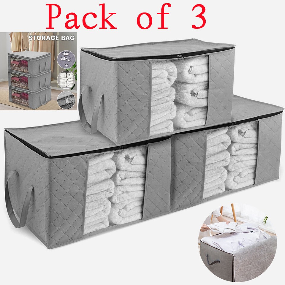 3Pcs Clothes Storage Bags Zipped Organizer Underbed Wardrobe Cube ...