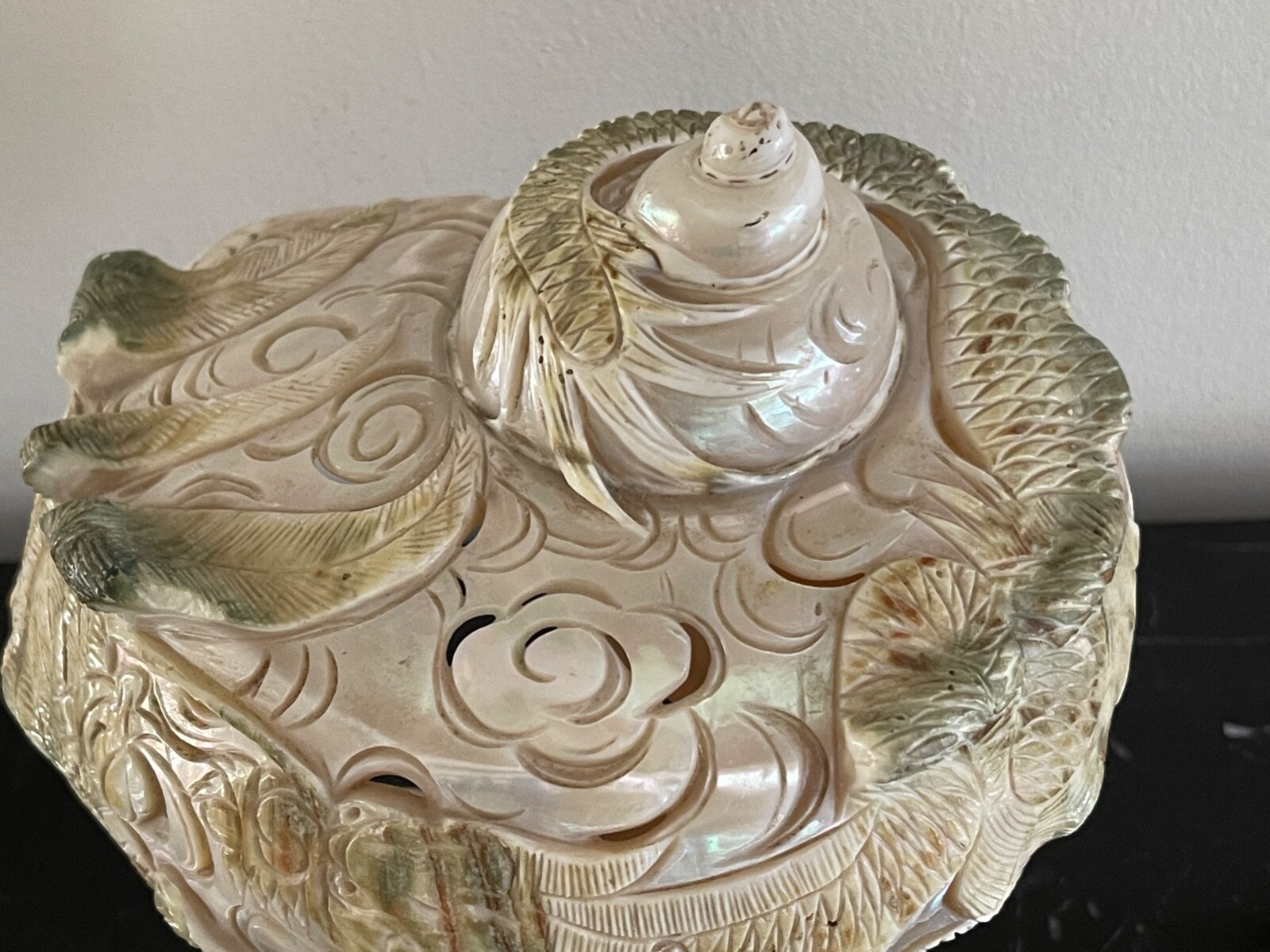 Antique Turbo Marmoratus Green Turban Carved Dragon Phoenix Sea Shell ...