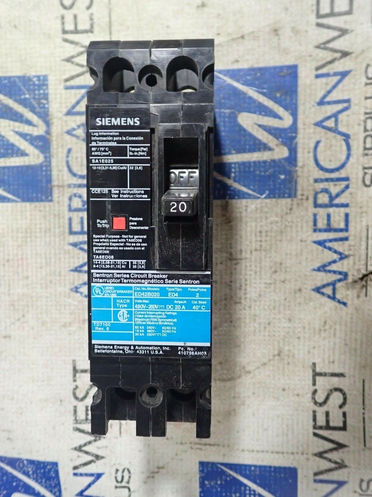 ED42B020 Siemens ITE Sentron 2 Pole 480 Volt 18kA ED4 Circuit Breaker ...