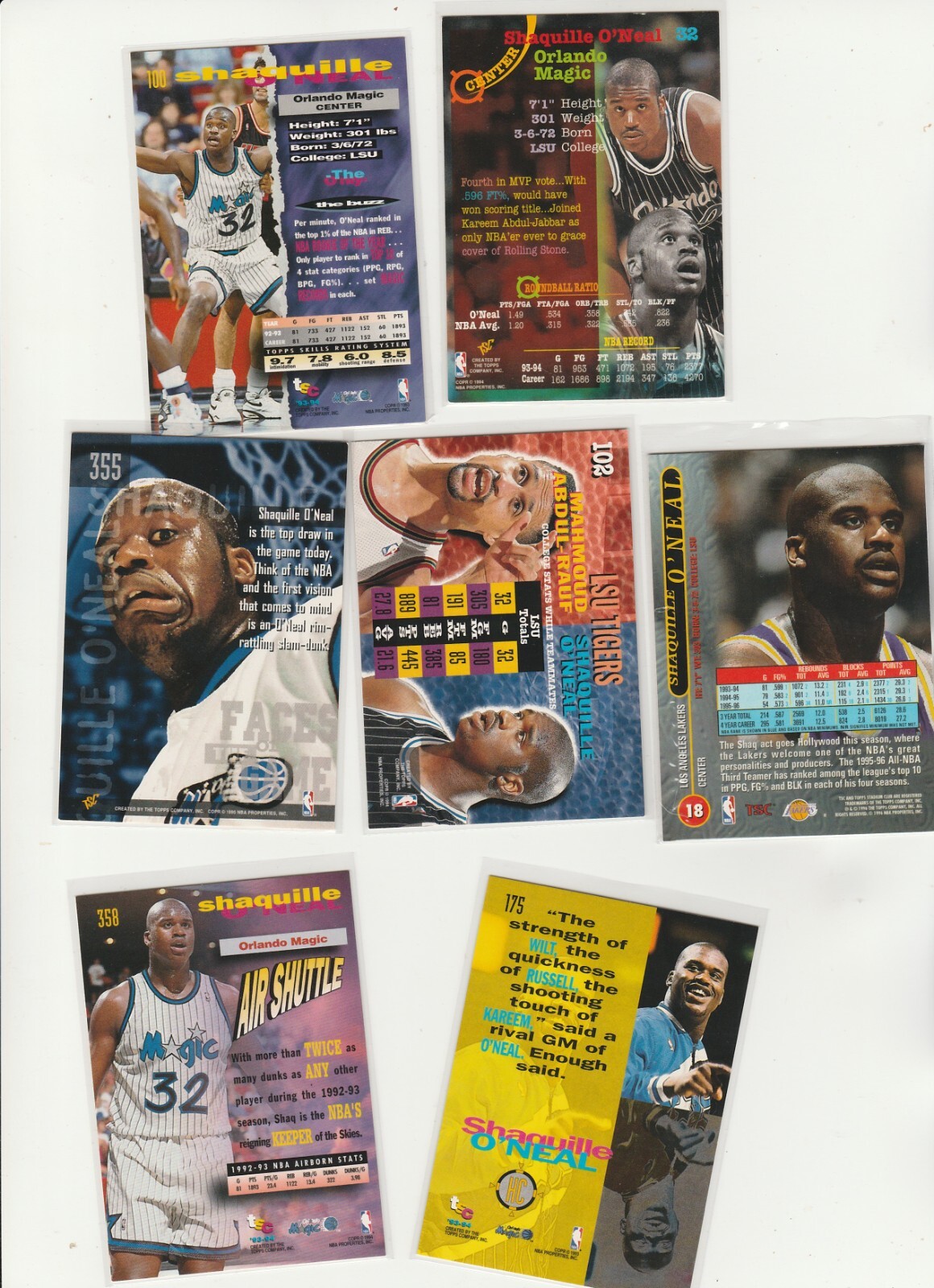 SHAQUILLE O'NEAL 90'S RAINBOW LOT STADIUM CLUB (16) DIFF W 2 RCS 5 ...