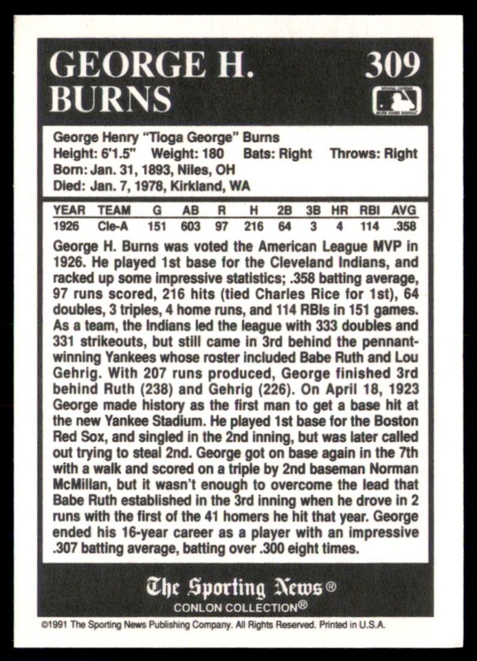 1991 Conlon Collection TSN #309 George H. Burns Excellent | eBay