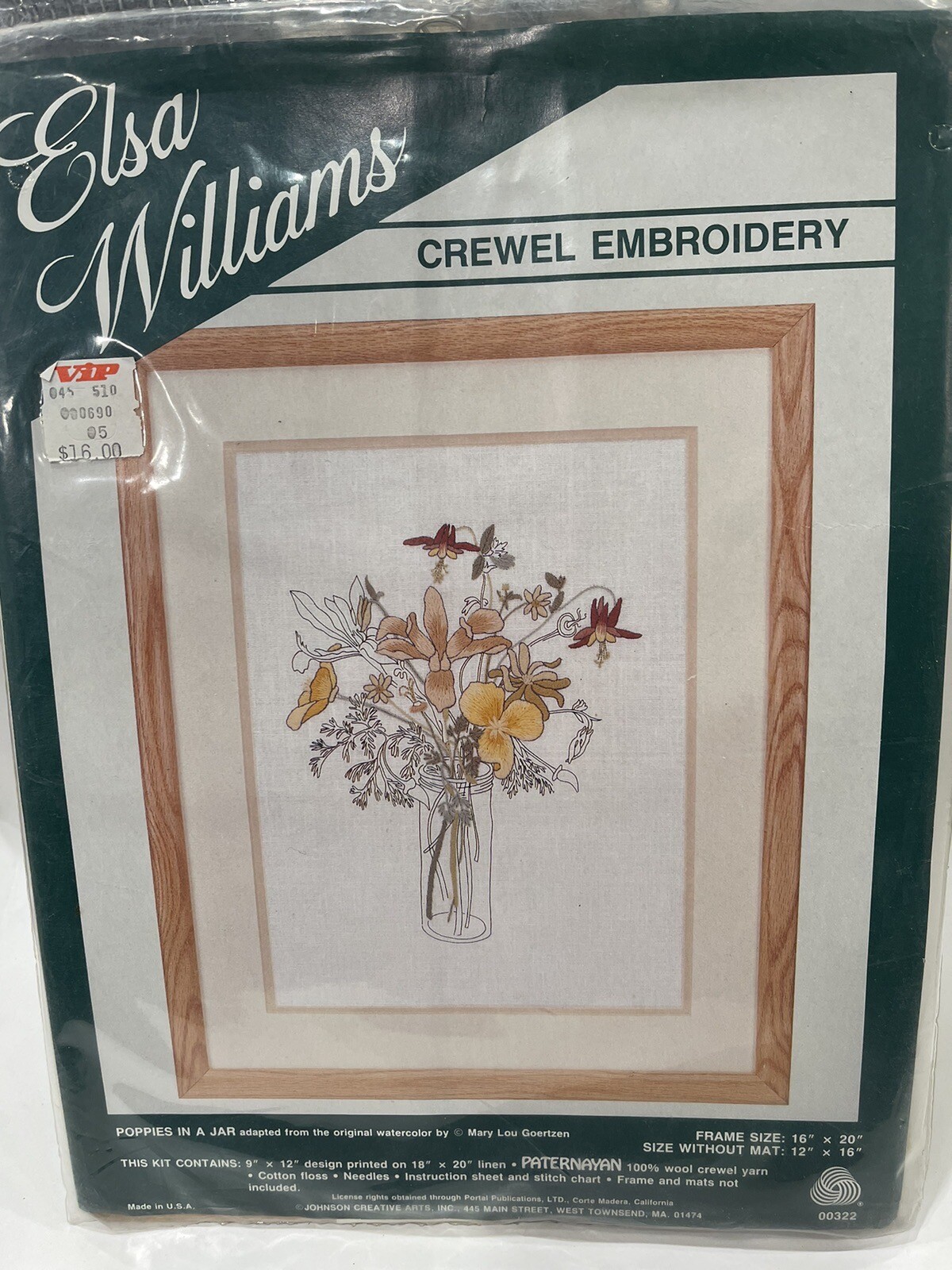 Vintage 1990 Poppies In A Jar Crewel Embroidery Kit By Elsa Williams USA NEW | eBay