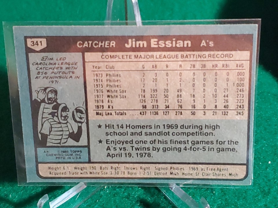 1980 Topps Baseball Jim Essian Oakland Athletics #341 | eBay