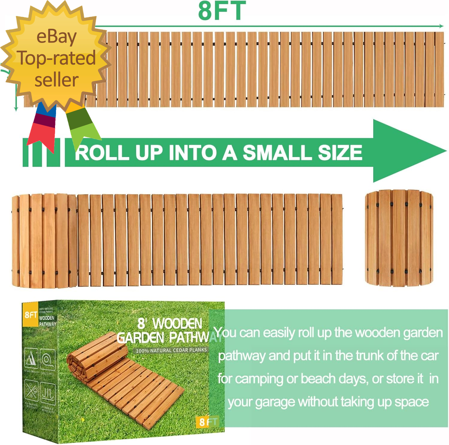 8' Wooden Garden Pathway,Outdoor Roll Out Cedar Straight Walkway,Patio ...
