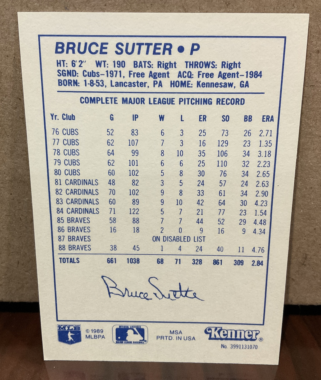 BRUCE SUTTER 1989 KENNER STARTING LINEUP CARD - ATLANTA BRAVES | eBay