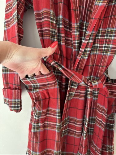 Pottery Barn RED Stewart Plaid Flannel robe S/M with tie belt 100% ...
