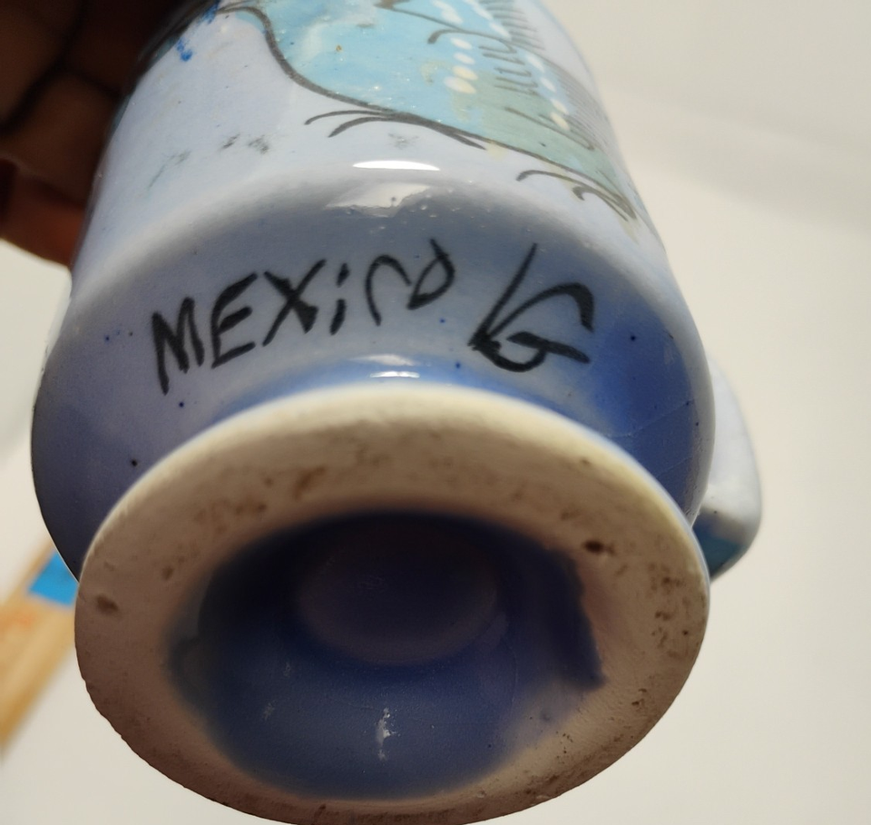 VTG Tonala Mexico Handmade Ceramic Blue Bird Floral Mug tiny chip on ...