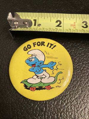 B23) Smurf Pin, GO FOR IT, 1980s Smurf Badge Button Round Pinback Metal ...