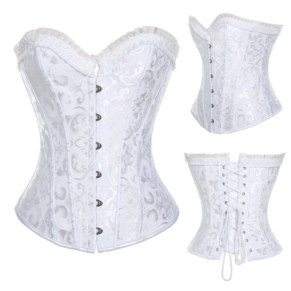 Women Lace Up Boned Bustier Corset Overbust Burlesque Top Lingerie ...