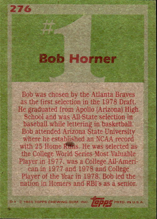 Bob Horner 1985 Topps #276 Atlanta Braves | eBay