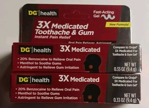 Lot Of 2 DG Health 3X Medicated Toothache & Gum Gel~0.33 OZ~exp 8/2025 ...