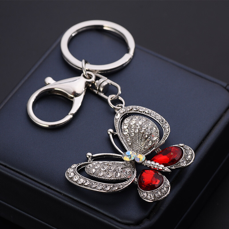 Red/Blue AAA Cubic Zirconia Butterfly Keychain Girl's Silver Key Ring ...