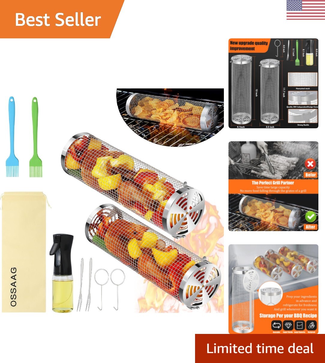 Stainless Steel Rolling Grill Baskets - Set of 2 - Perfect for Outdoor ...