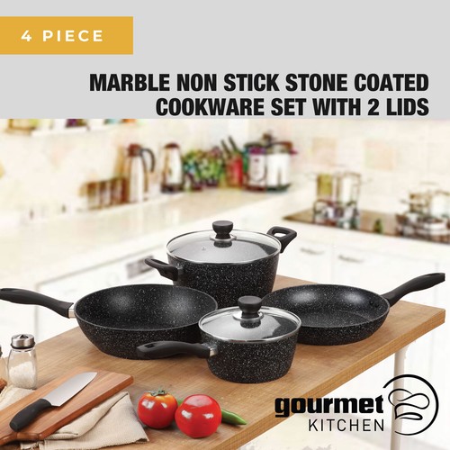 4 Piece Non Stick Marble Stone Coated Cookware Set Casserole Frypan ...