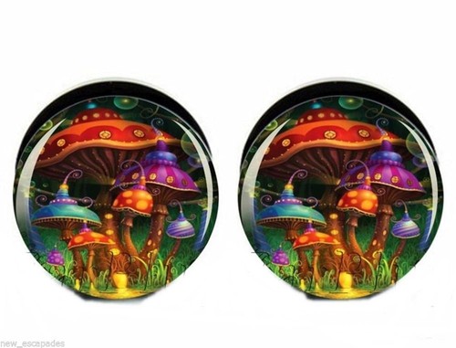 PAIR-Mushroom World Acrylic Screw On Stash Ear Plugs 18mm/11/16" Gauge ...