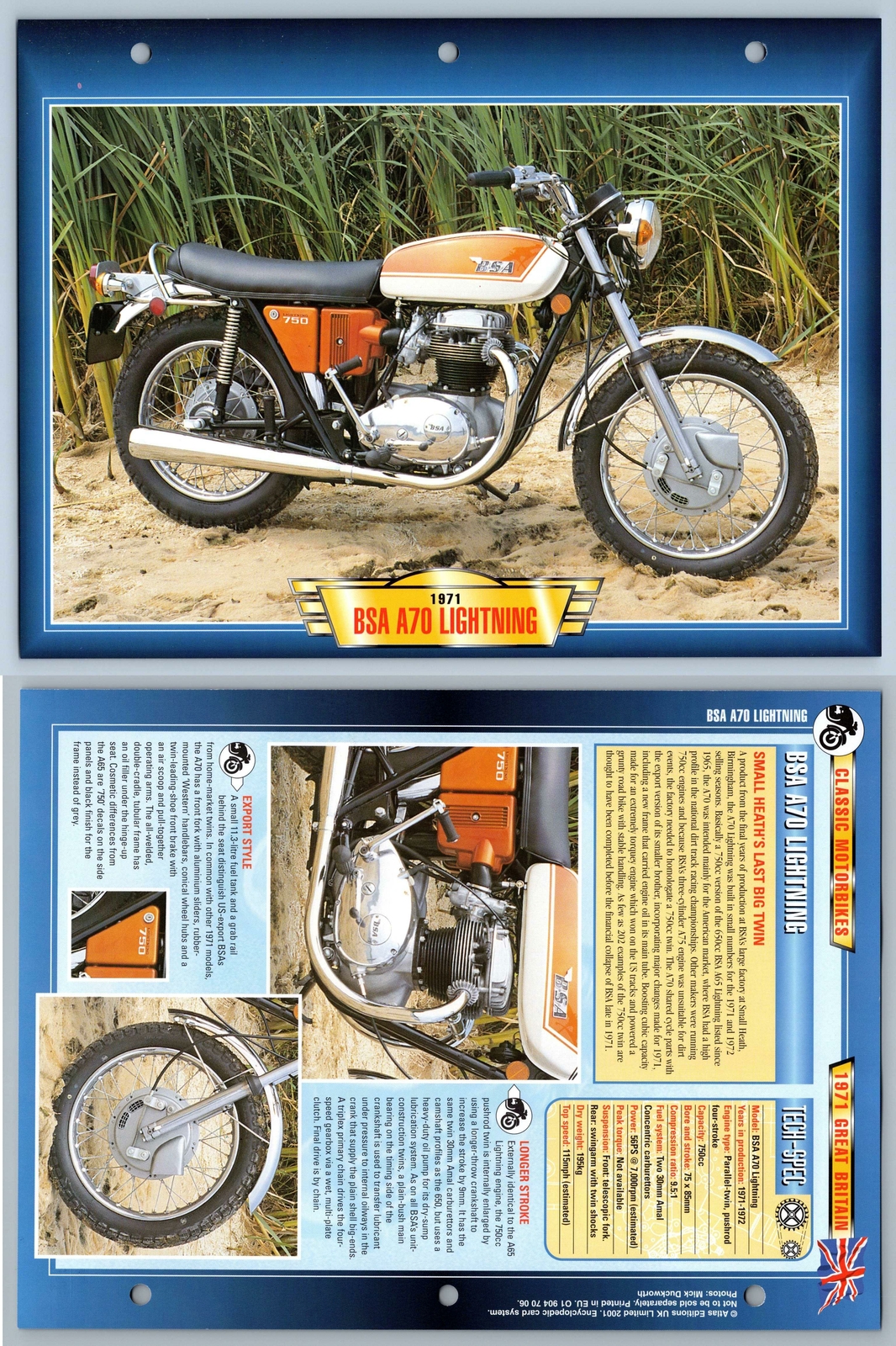 BSA A70 Lightning - 1971 - Classic Motorbikes - Atlas Motorbike Fact File Card | eBay