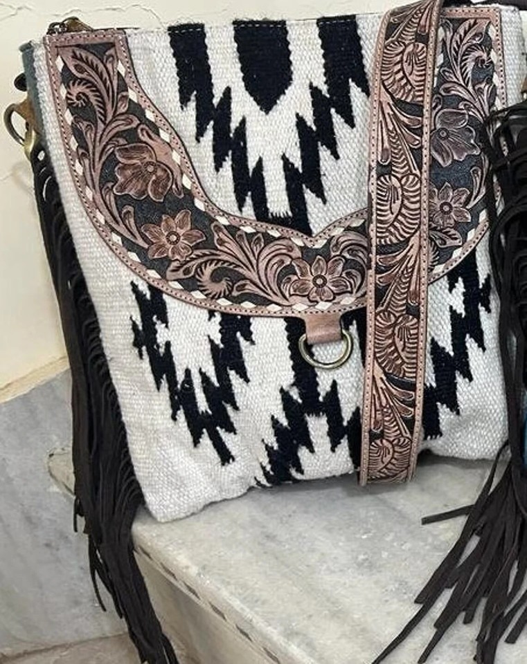 Aztec Bag with Fringes leather trim Aztec bag-bohemian style BaG | eBay