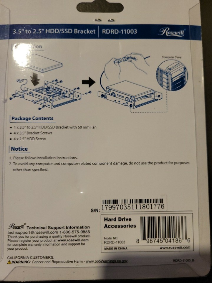 Rosewill RDRD-11003 ARX DC 66mm Brushless Fan~Drive Bay Bracket/Fan ...