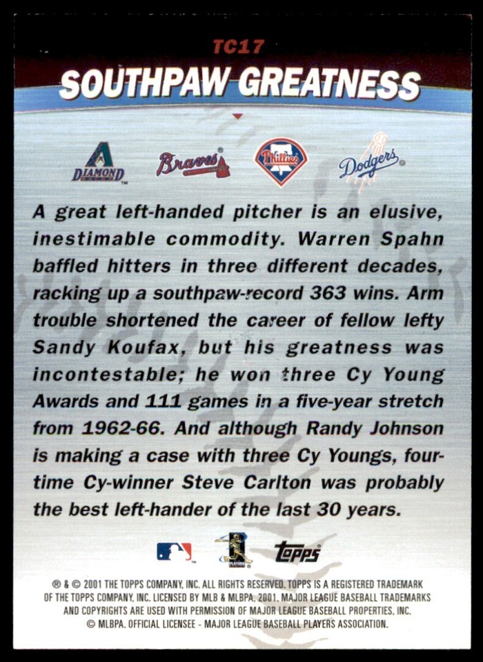 2001 TOPPS COMBOS SOUTHPAW GREATNESS (RANDY JOHNSON/WARREN SPAHN/STEVE ...