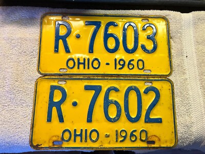 Consecutive 1960 Ohio License Plates Pair Morrow County R7602 R7603 His ...