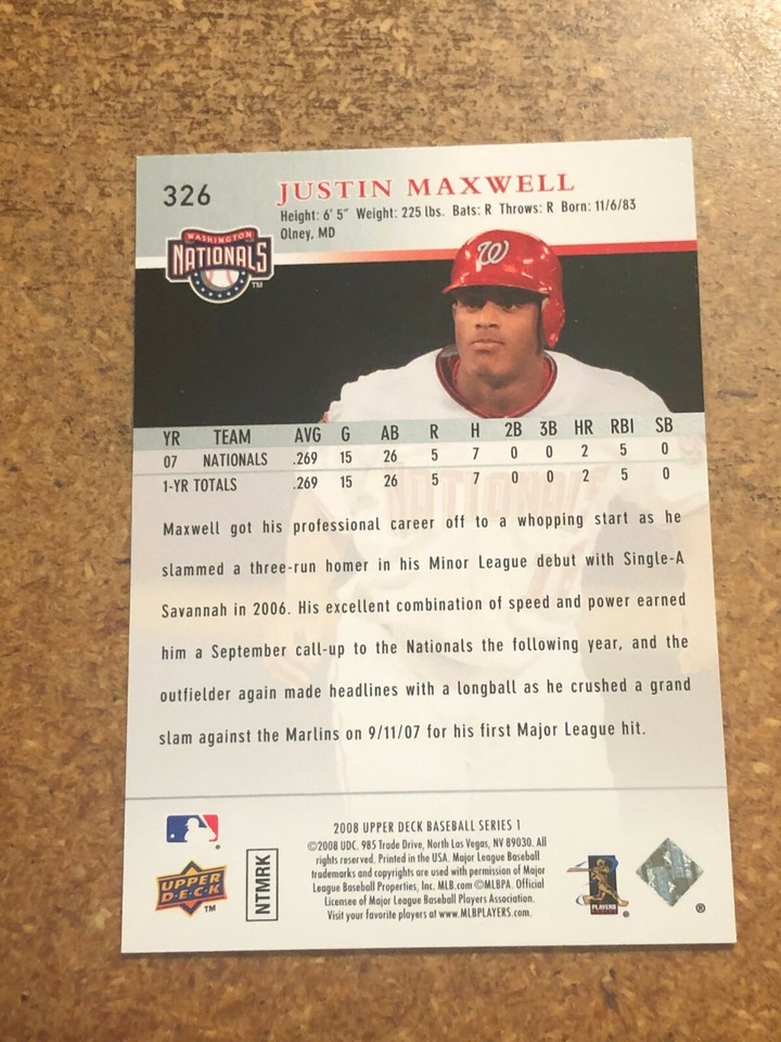 2008 Upper Deck Baseball # 326 Justin Maxwell RC | eBay