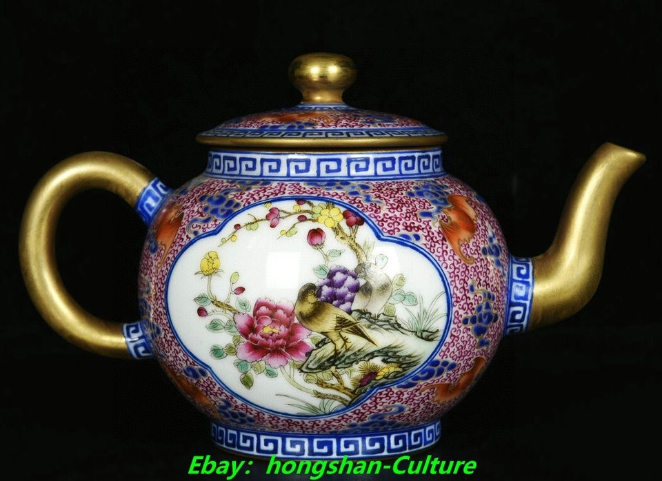 6.8" Qianlong Enamel Colour Porcelain Gold Flower Bird Wine Tea Pot ...