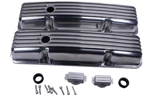 SBC Finned Polished Aluminum Short Valve Covers Fits SB Chevy 327 350 ...