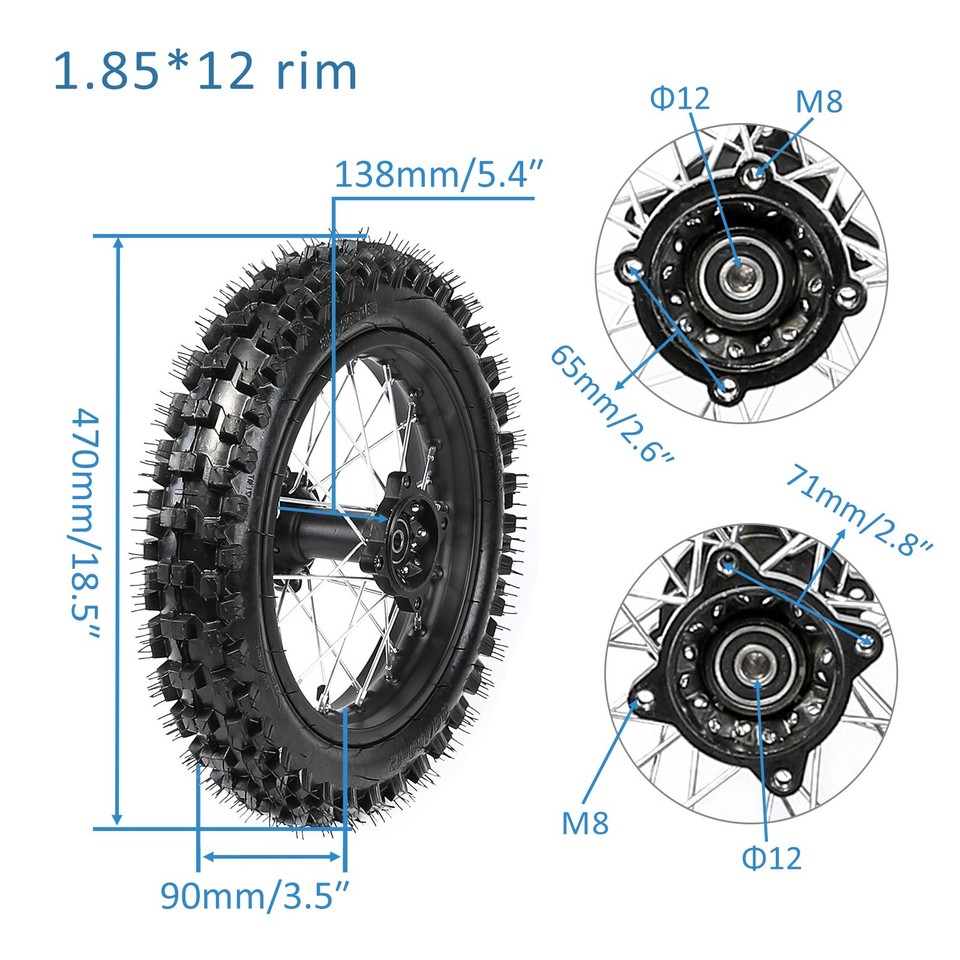 14" 12" Rear 80/100-12 Front 60/100-14 Tire Tube Rim Wheel Pit Bike ...