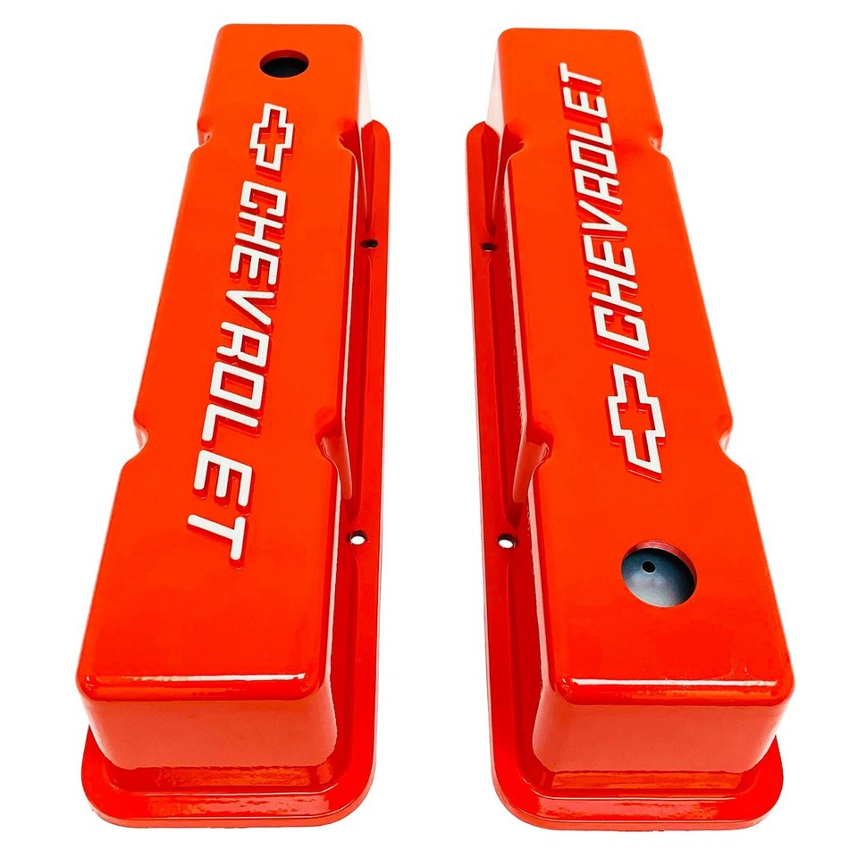 Small Block Chevy Tall ORANGE Valve Covers - Raised Chevrolet Bowtie ...