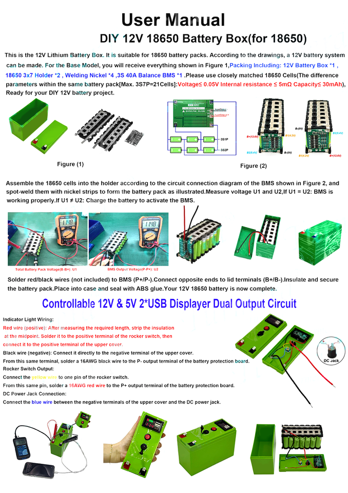 DIY 12V 3S7P Rechargeable Battery Box+3S 40A BMS & 2A Charger w/Power ...