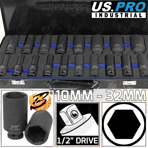 US PRO DEEP IMPACT SOCKET Set 1/2"Dr 18pc 10mm - 32mm 6pt Hex Long ...