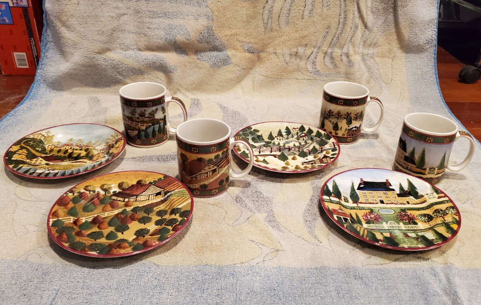 8 PC Country Village Mug & Plate Set Block By Gear Spring Summer Winter ...