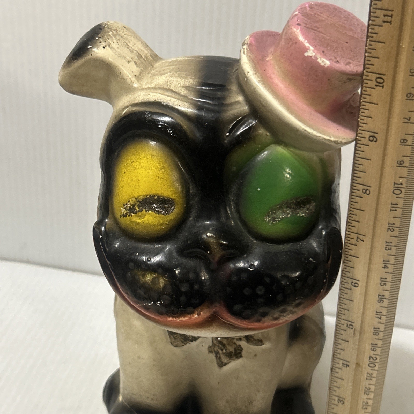 Vtg Carnival Chalkware Bonzo Bulldog Black Yellow Green Pink Hat READ ...