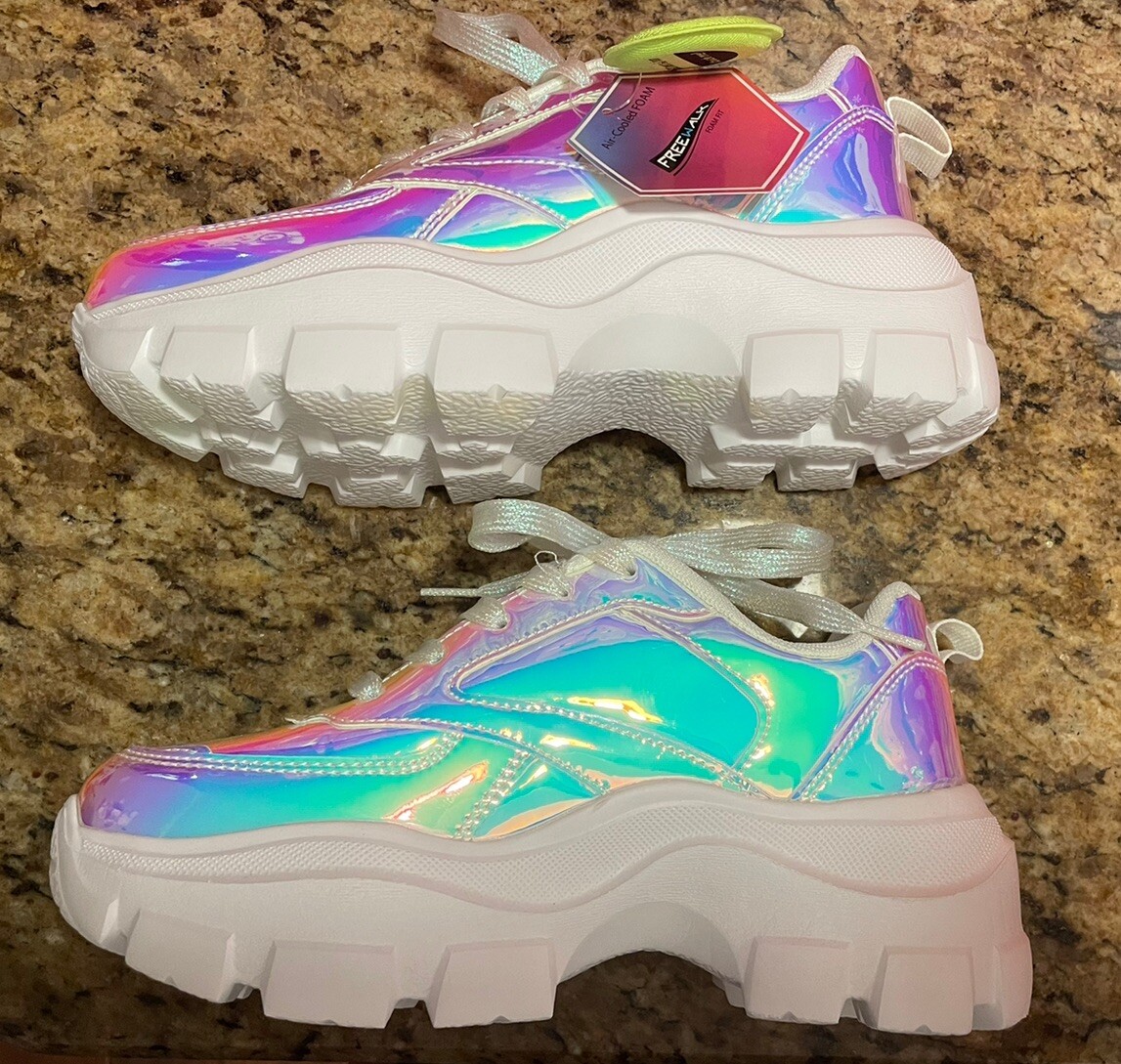 LUCKY STEP Women Holographic Rainbow Silver Platform Shoes y2k rave ...