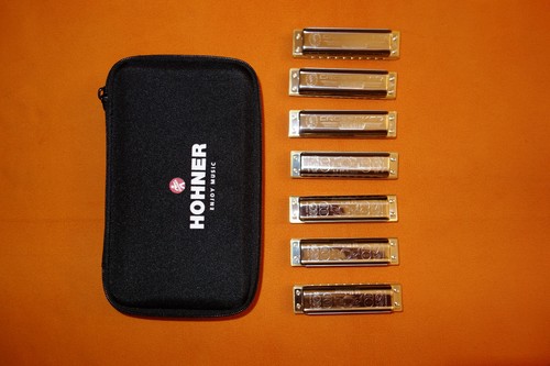 New HOHNER CROSSOVER Set 7 Harmonicas G A Bb C D E F w/CASE Blues ...