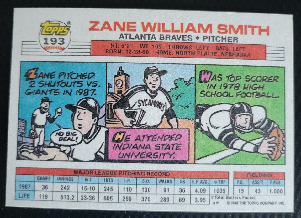 1988 Topps Big ZANE SMITH Atlanta Braves MLB Baseball Card #193 Series ...