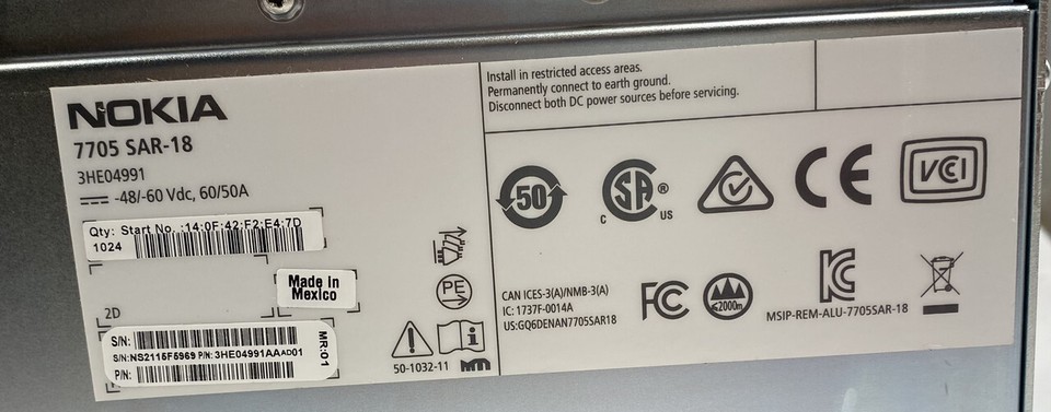 NOKIA 7705 SAR-18 3HE04991AA SERVICE AGGREGATION ROUTER 10 RU 18-SLOT ...