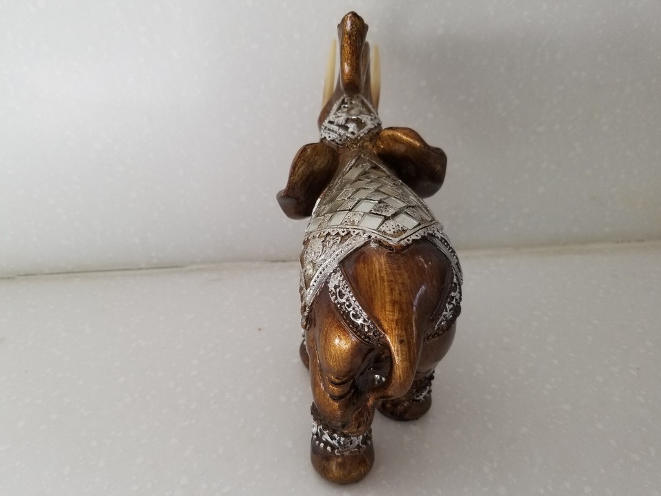 Elephant Trunk Up Resin Figurine with Decorative Ornate Blanket & Trim ...