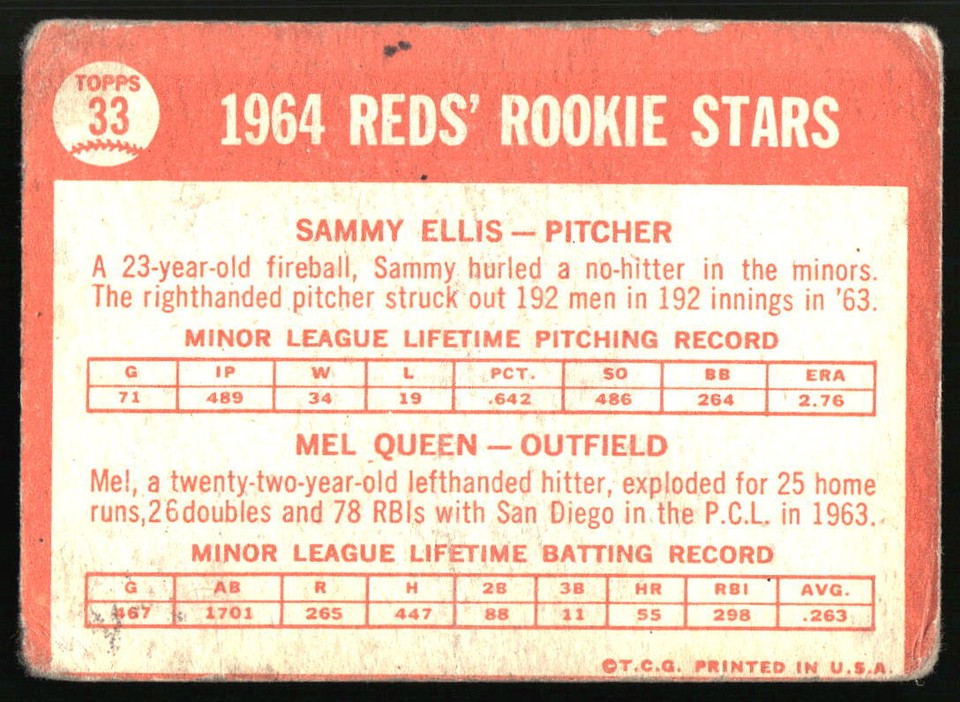 1964 Topps Reds Rookie Stars Sammy Ellis / Mel Queen RC #33 | eBay