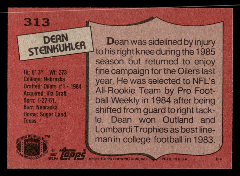 Dean Steinkuhler 1987 Topps #313 Houston Oilers | eBay
