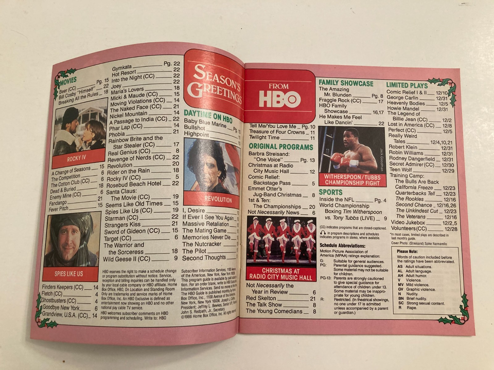 HBO Home Box Office TV Program Guide December 1986 Barbra Streisand ...